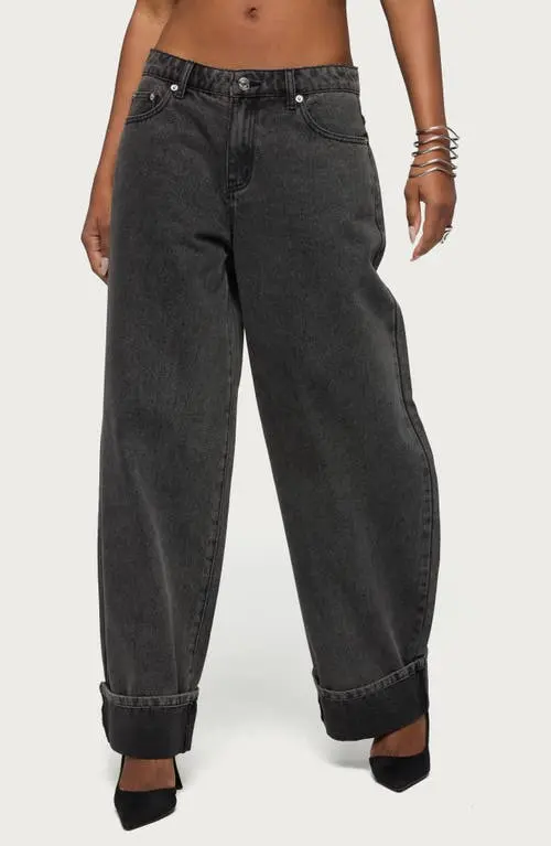 EDIKTED Low Rise Baggy Wide Leg Cuffed Jeans - Black-washed