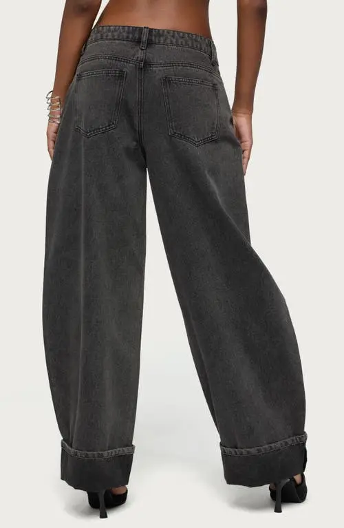 EDIKTED Low Rise Baggy Wide Leg Cuffed Jeans - Black-washed