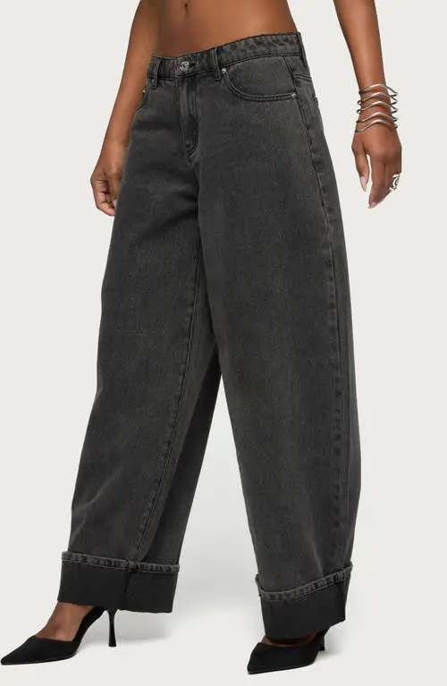 EDIKTED Low Rise Baggy Wide Leg Cuffed Jeans - Black-washed