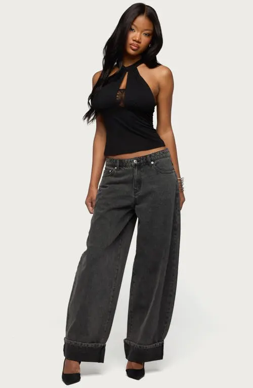 EDIKTED Low Rise Baggy Wide Leg Cuffed Jeans - Black-washed