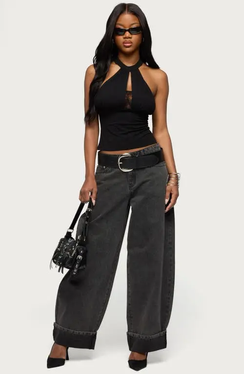 EDIKTED Low Rise Baggy Wide Leg Cuffed Jeans - Black-washed