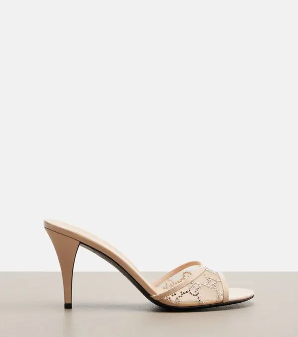 Gucci Erin Gg Embellished Leather-trimmed Mules - Pink