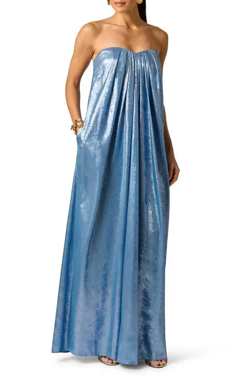 Adrianna Papell Foil Chiffon Strapless Gown - Azure Blue