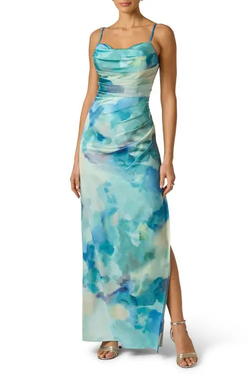 Adrianna Papell Watercolor Print Satin Maxi Dress - Blue Multi