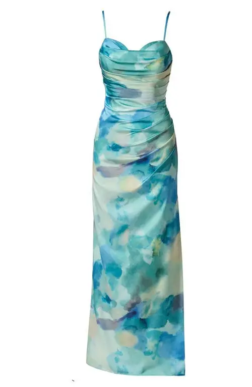 Adrianna Papell Watercolor Print Satin Maxi Dress