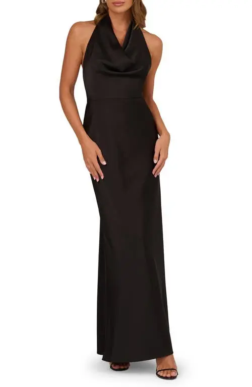 Adrianna Papell Cowl Neck Open Back Satin Gown - Black
