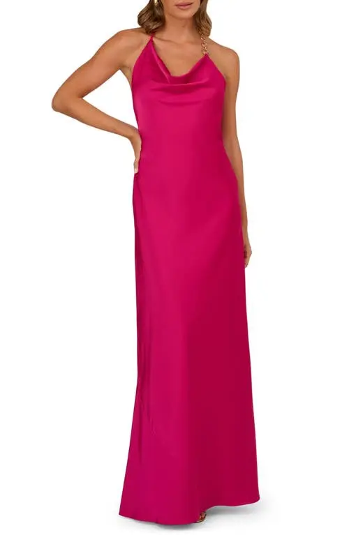 Adrianna Papell Open Back Satin Gown - Bright Rose