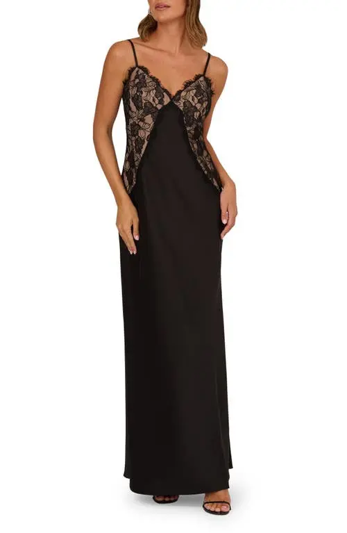 Adrianna Papell Lace Trim Satin Gown - Black