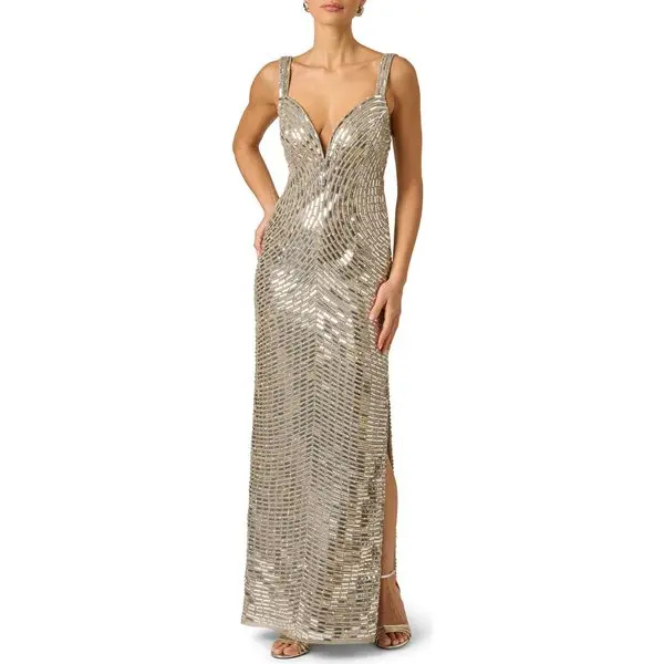 Adrianna Papell Beaded Open Back Gown - Silver