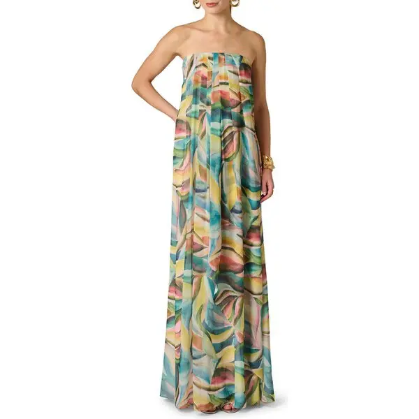 Adrianna Papell Print Strapless Chiffon Gown - Green Multi
