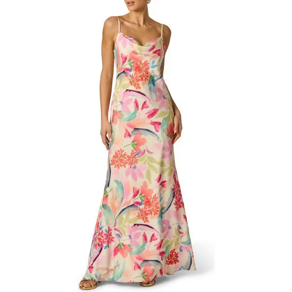 Adrianna Papell Floral Print Satin Maxi Dress - Ivory Multi