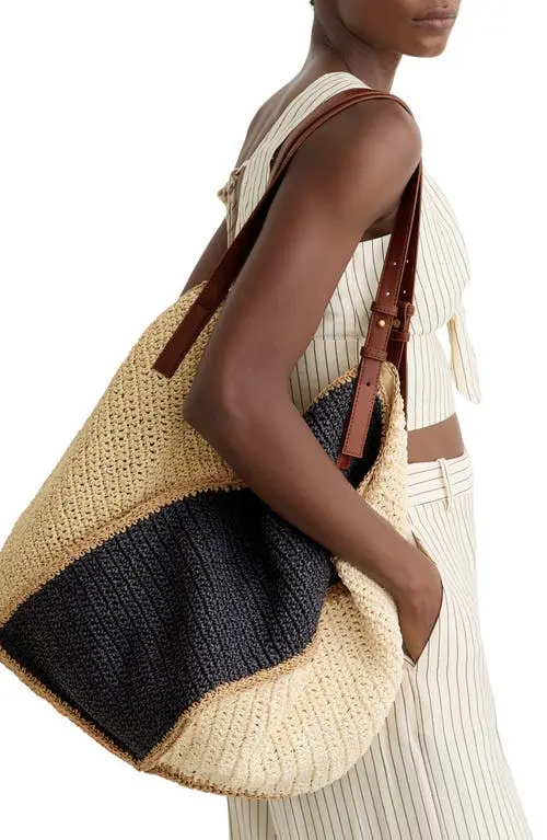 REISS Farrah Raffia Effect Colorblock Tote