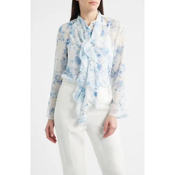 Anne Klein Floral Ruffle Tie Neck Top - Crisp White