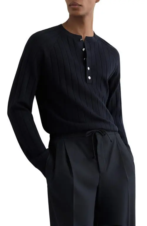 REISS Andres Ribbed Henley Sweater - Navy