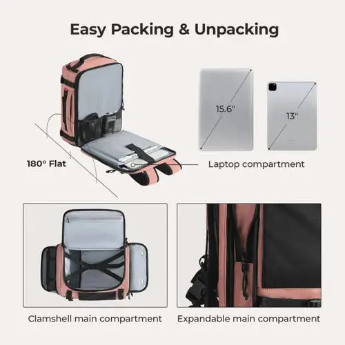 BAGSMART Mesh Expandable Travel Backpack 28l-38l Extended - Rose