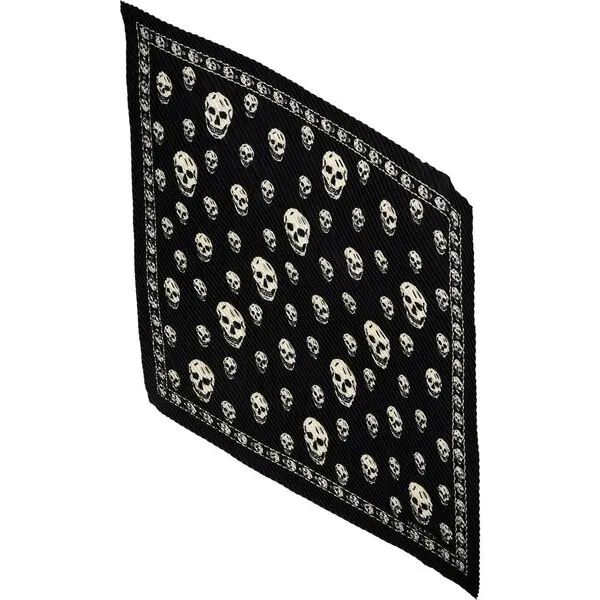Alexander McQueen Classic Skull Print Pleated Silk Square Scarf - Black/ivory