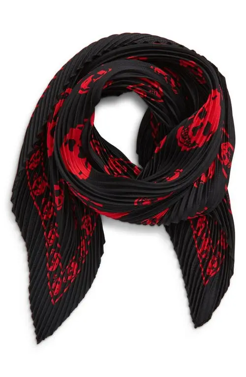 Alexander McQueen Classic Skull Print Pleated Silk Square Scarf - Black/red