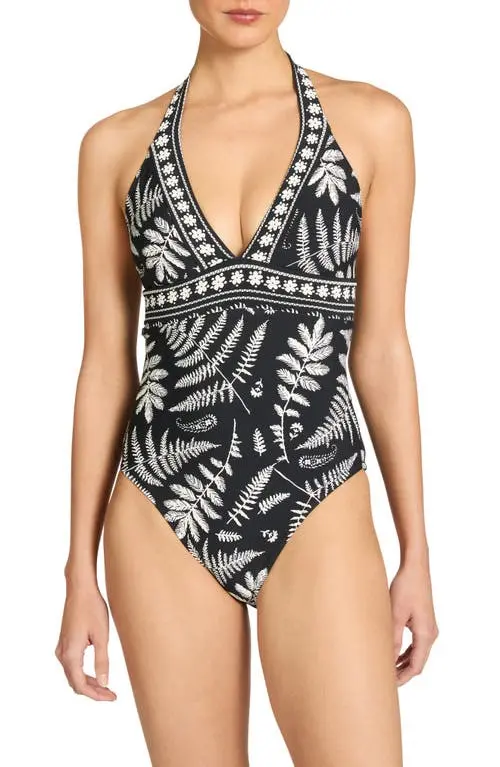 Robin Piccone Hailey Halter One-piece Swimsuit - Black/ecru