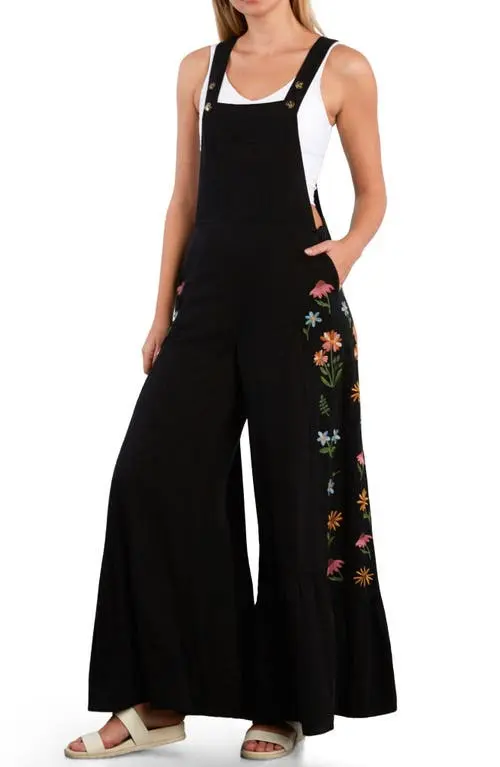 BILLY T Embroidered Butterfly Overalls - Caviar