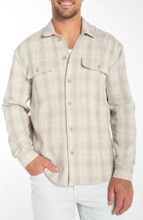 LIVERPOOL Plaid Flap Pocket Cotton & Linen Overshirt - Oat/light Blue