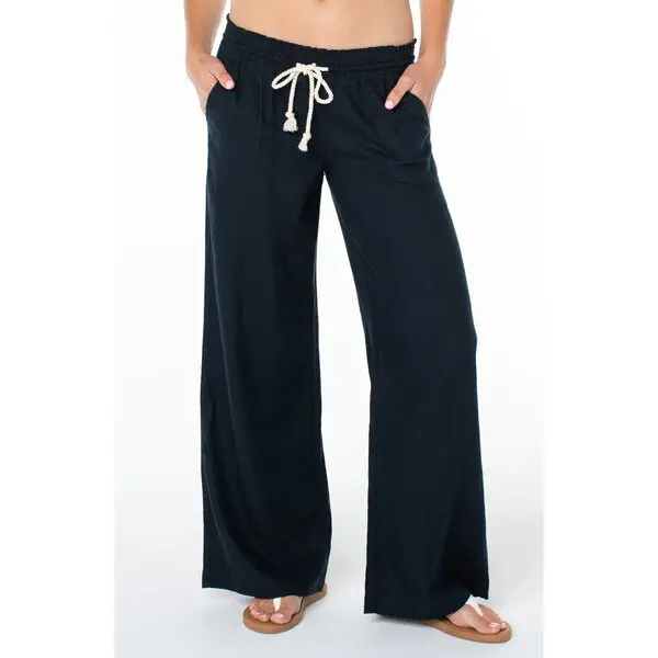 Roxy Oceanside Wide Leg Linen Blend Drawstring Pants - Anthracite