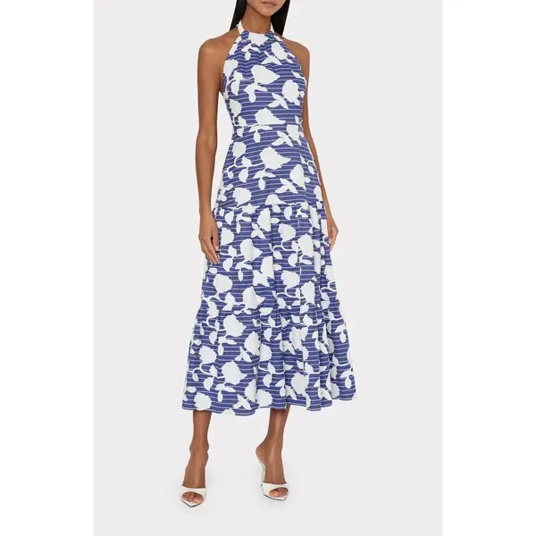 MILLY Hayden Floral Embroidered Halter Midi Dress