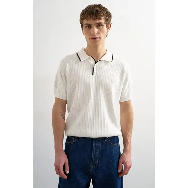 Topman Tipped Rib Cotton Polo Sweater - Ecru