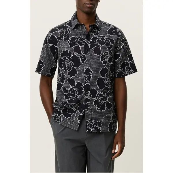 LES DEUX Charlie Poppy Pattern Short Sleeve Knit Cotton Blend Button-up Shirt - Blackdnu