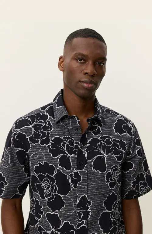 LES DEUX Charlie Poppy Pattern Short Sleeve Knit Cotton Blend Button-up Shirt - Blackdnu