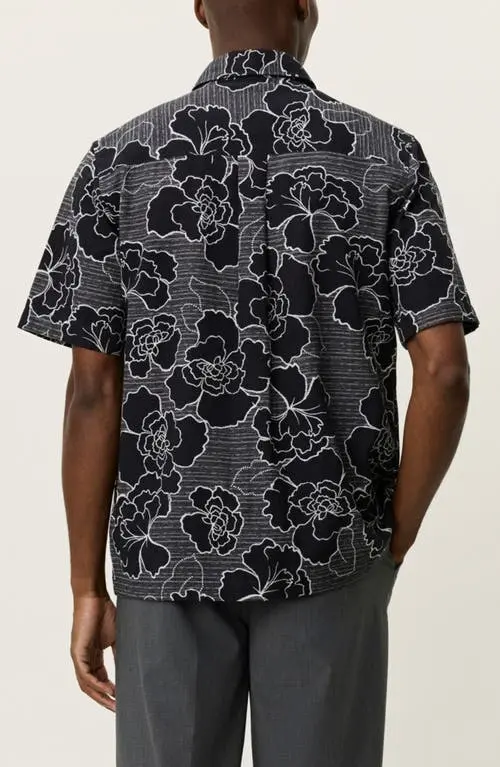 LES DEUX Charlie Poppy Pattern Short Sleeve Knit Cotton Blend Button-up Shirt - Blackdnu