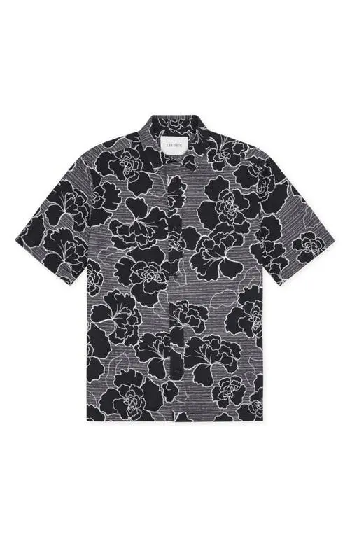 LES DEUX Charlie Poppy Pattern Short Sleeve Knit Cotton Blend Button-up Shirt - Blackdnu