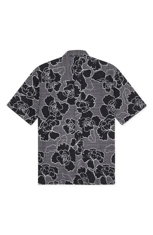 LES DEUX Charlie Poppy Pattern Short Sleeve Knit Cotton Blend Button-up Shirt - Blackdnu