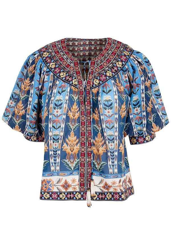 Farm Rio Embroidered Tapestry Short Sleeve Blouse - Blue