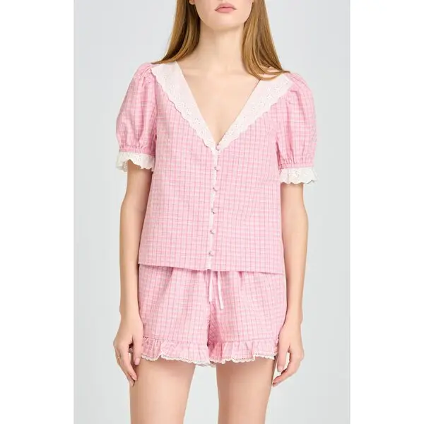 WAYF Emma Eyelet-trim Plaid Button-up Top - Pink
