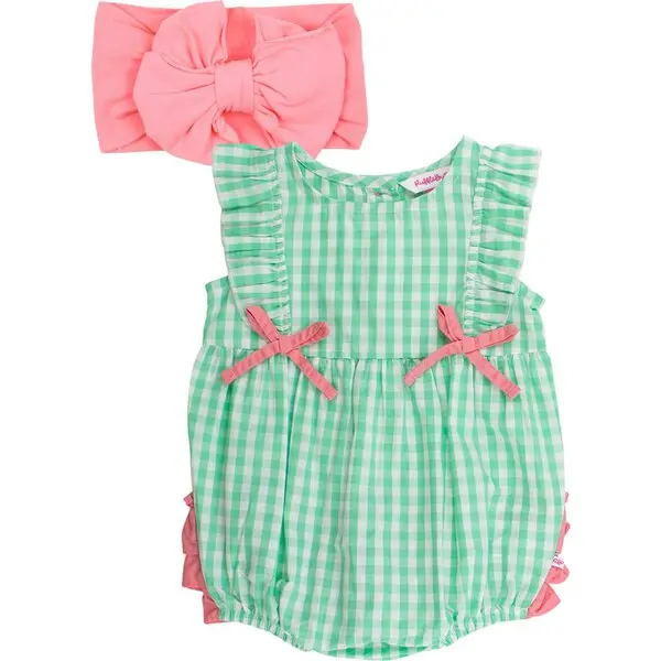 RUFFLEBUTTS Gingham Spring Romper With Bow Headband - Green