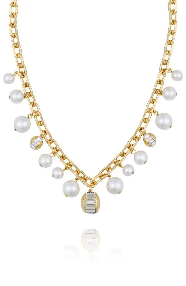 Vince Camuto Pearl And Crystal Chain Link Necklace - Gold Tone
