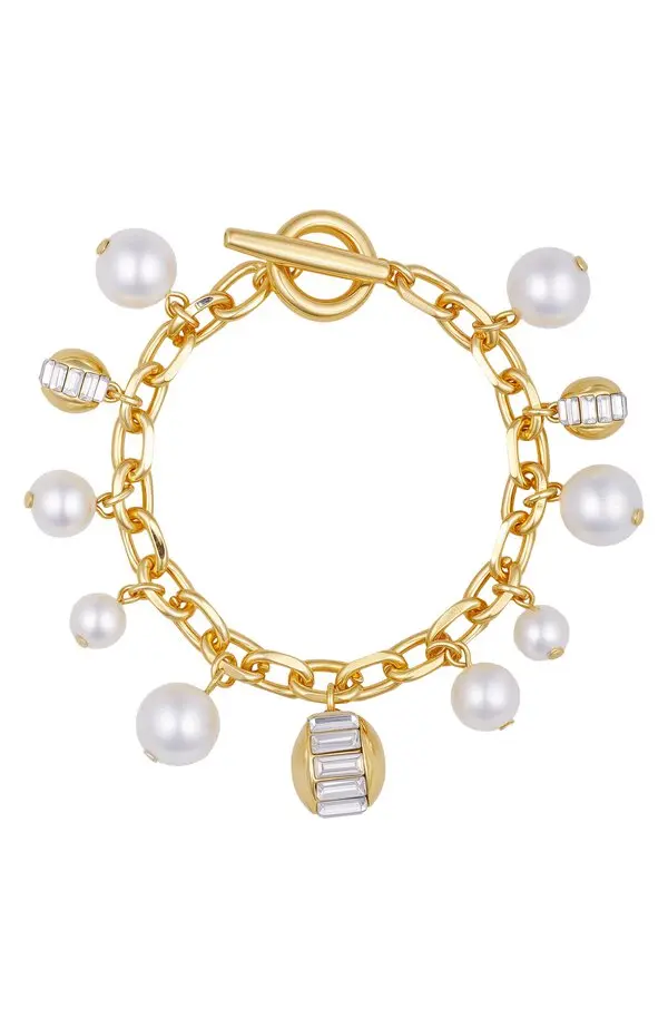 Vince Camuto Gold-tone Pearl And Crystal Charm Bracelet - Gold Tone