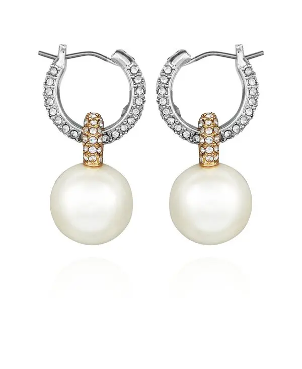 Vince Camuto Two Tone Pearl Drop Hoop Earrings - Silver Tone