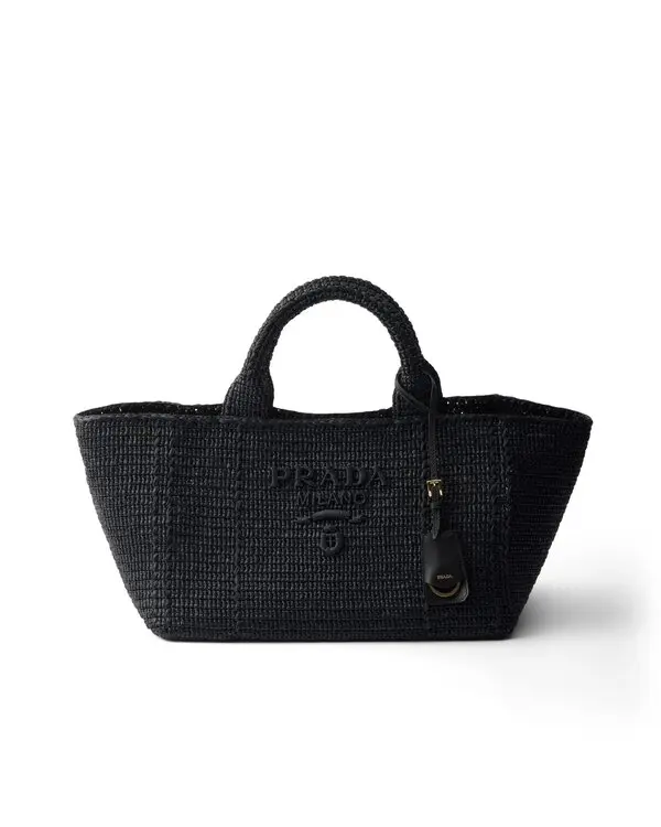 Prada Large Crochet Tote Bag With Leather Details - Black