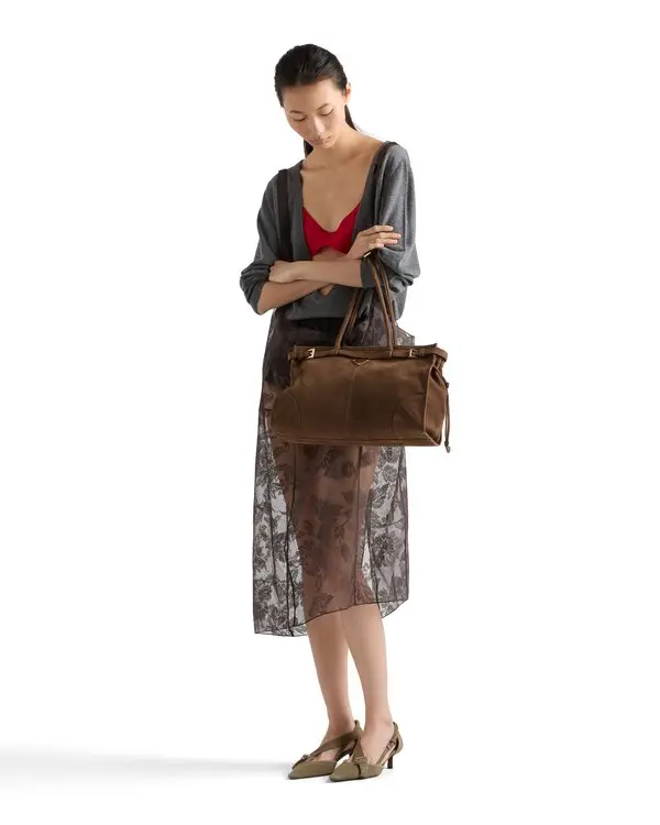 Prada Large Nubuck Leather Handbag - Brown