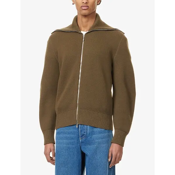Bottega Veneta Oversized-collar Ribbed Wool-and-cotton Cardigan - Dark Moss