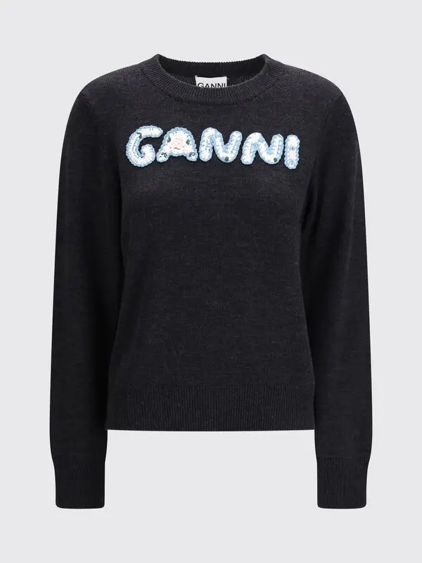 GANNI Crewneck Sweater With Embellished Logo - Charcoal
