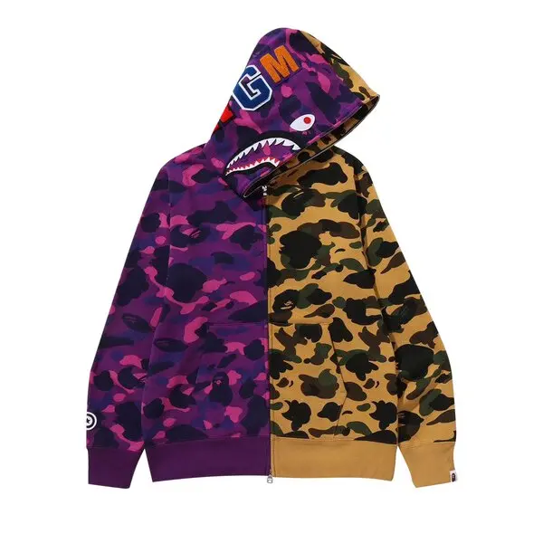 A BATHING APE Split Camo Shark Full Zip Hoodie - Purple
