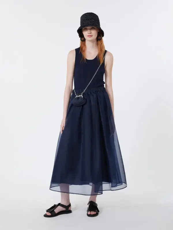 Max Mara Pleated Silk Organza Maxi Skirt - Navy