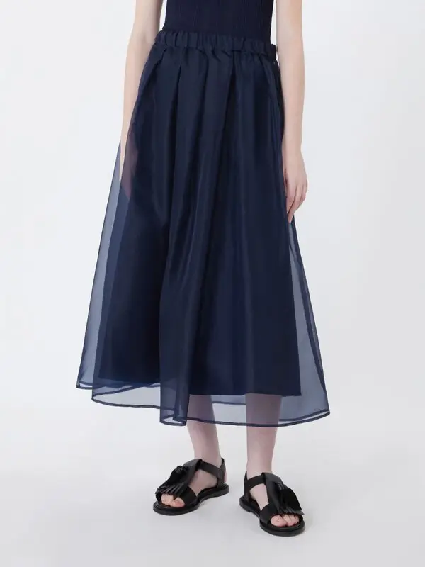 Max Mara Pleated Silk Organza Maxi Skirt - Navy