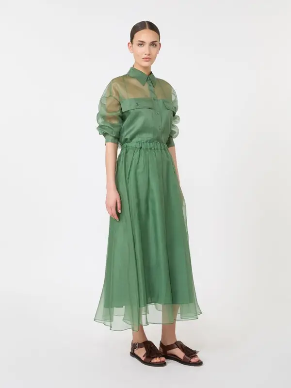 Max Mara Pleated Silk Organza Skirt - Green