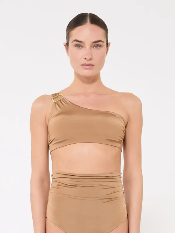 Max Mara Shiny Jersey One-shoulder Bikini Top - Camel