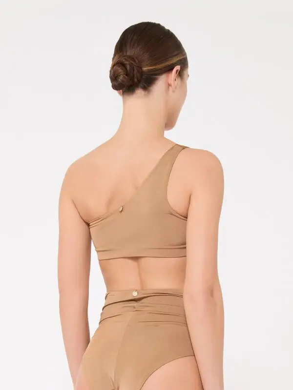 Max Mara Shiny Jersey One-shoulder Bikini Top - Camel