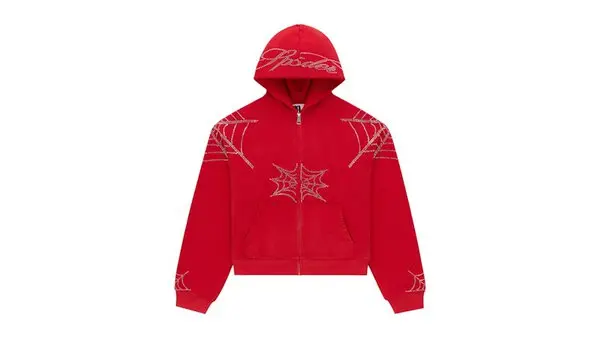 SP5DER Rhinestone Web Zip Hoodie - Red