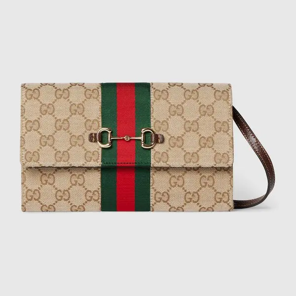 Gucci Horsebit Web Wallet With Strap Gg Canvas - Beige